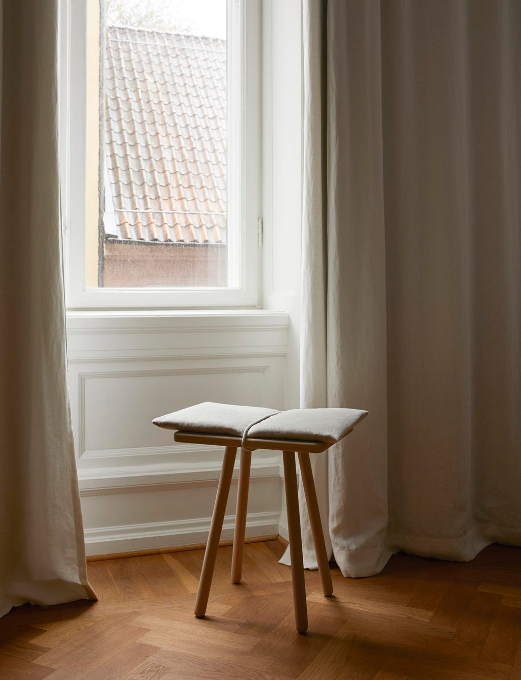 Georg Stool, White Linen Cushion – Hoxton Home